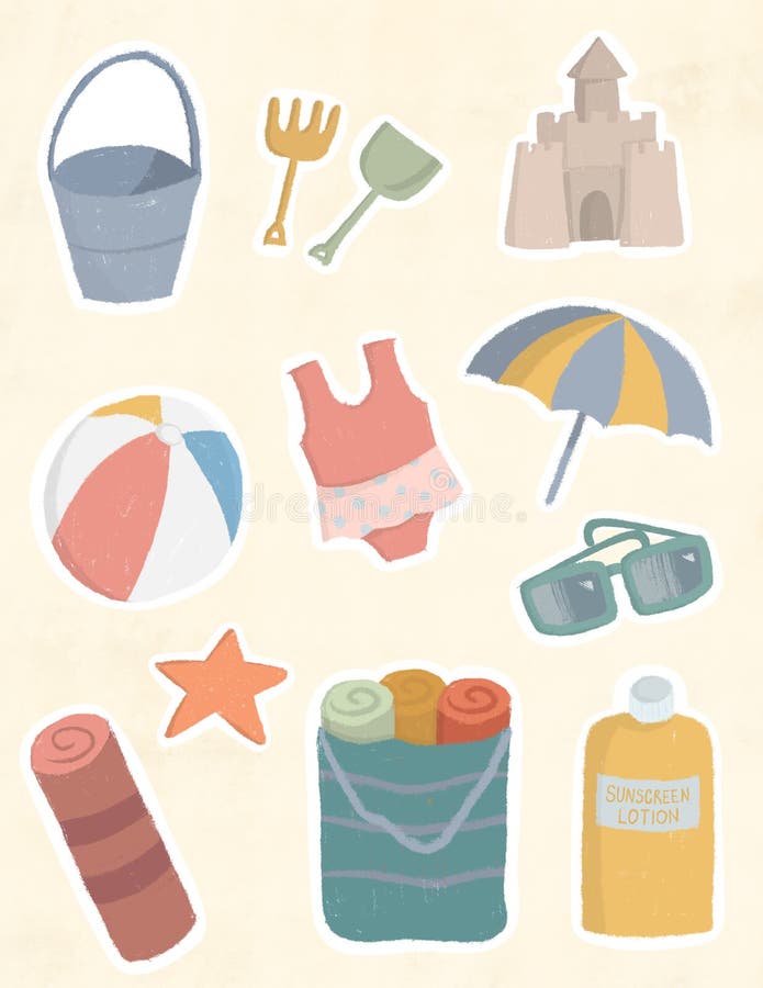 A Set of Summer Beach Day Stickers and Graphics Elements Stock ...