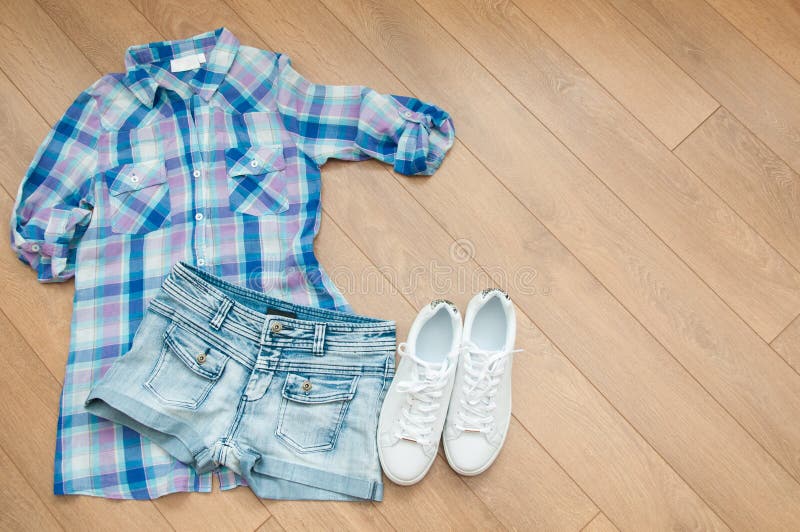Set of Summer Clothes. Top View Stock Image - Image of brown, jeans ...