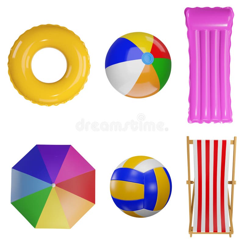 Set of Summer 3d Elements. Isolated Beach Umbrella, Ball, Deck Chair ...