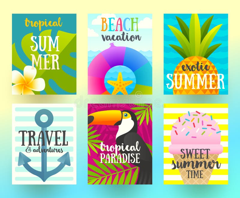 Set of Summer Holidays and Tropical Vacation Posters or Greeting Card ...
