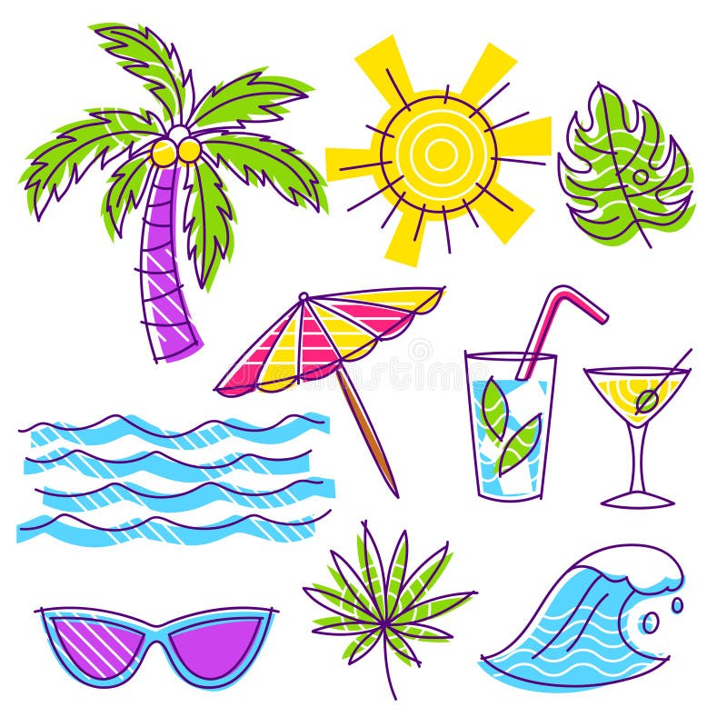 Set of Summer Items. Stylized Beach Objects Stock Vector - Illustration ...