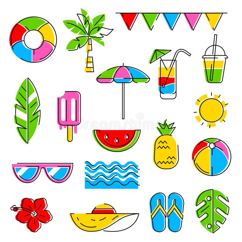 Set of Summer Items. Stylized Beach Objects Stock Illustration ...