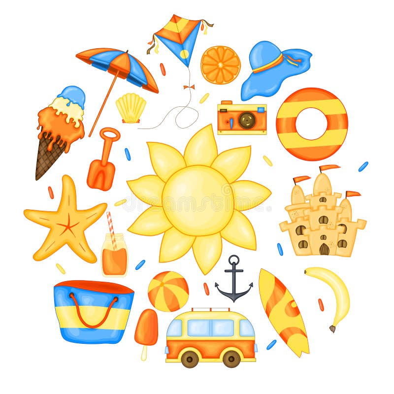 Set of Summer Items for Vacation. Summer Cartoon Collection in Vector ...