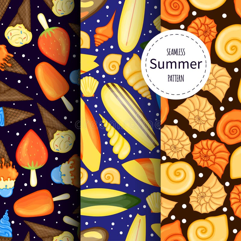 Set of Summer Patterns. Cartoon Style Stock Illustration - Illustration ...