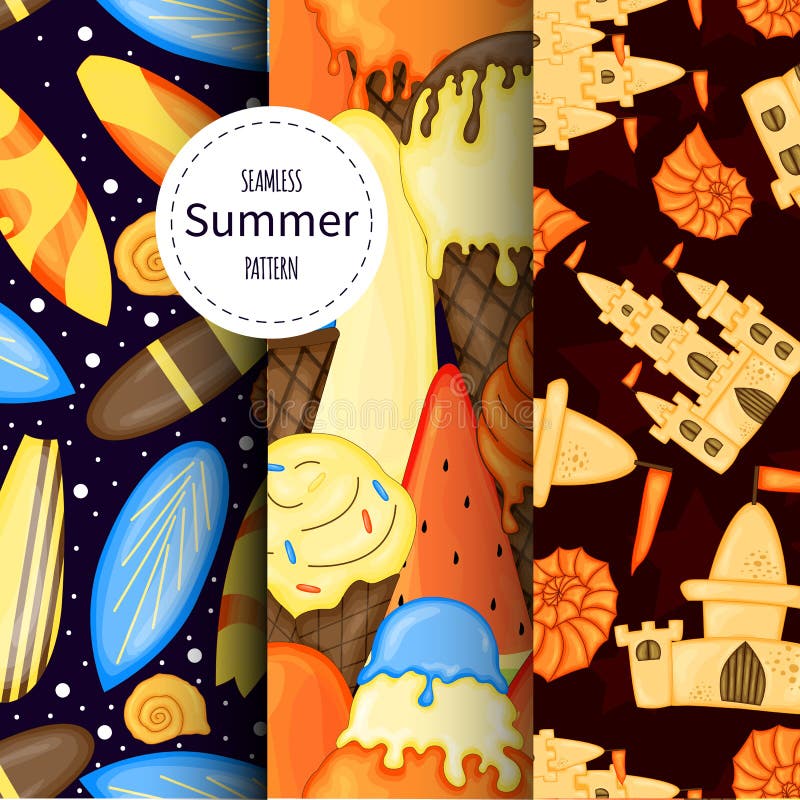 Set of Summer Patterns. Cartoon Style Stock Illustration - Illustration ...