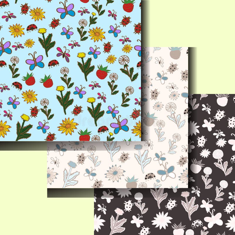 Set of Summer Patterns with Flowers and Insects. Vector Illustration ...