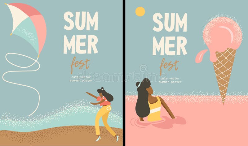 Set of Summer Posters with Girls on the Beach Stock Illustration ...