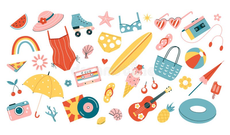 Set of Summer Retro Elements Stock Vector - Illustration of roller ...