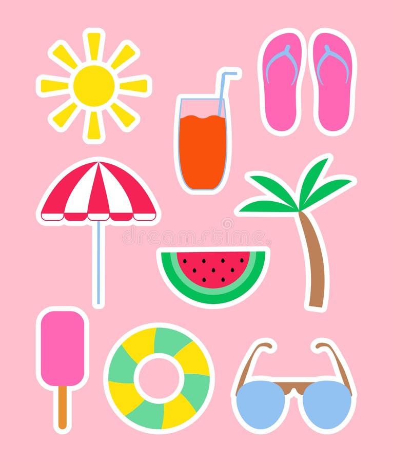 Set of Summer Stickers. Cool Beach Elements and Bright Decoration Stock ...