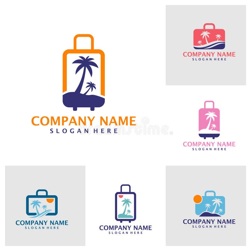 Set of Summer Travel Logo Design Vector. Coconut Tree with Suitcase ...