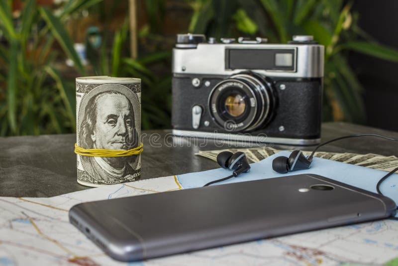 Set for Summer Trips with a Bunch of Money Stock Photo - Image of ...