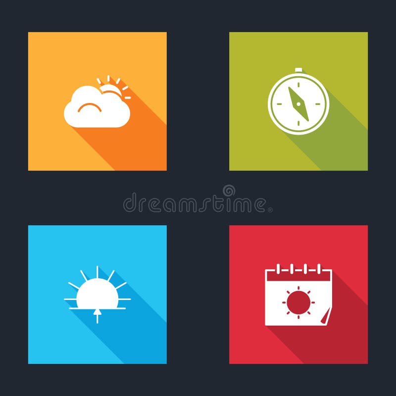 Set Sun and Cloud, Compass, Sunrise and Calendar Sun Icon. Vector Stock ...