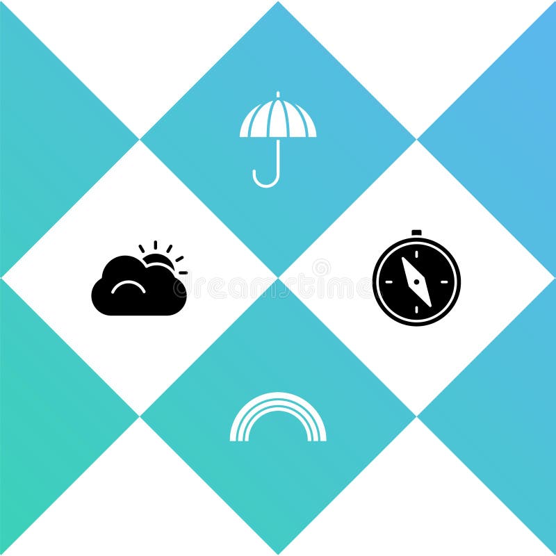 Set Sun and Cloud, Rainbow, Umbrella and Compass Icon. Vector Stock ...