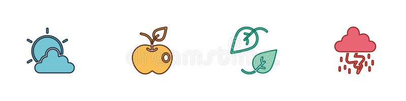 Set Sun and Cloud Weather, Apple, Leaf and Storm Icon. Vector Stock ...