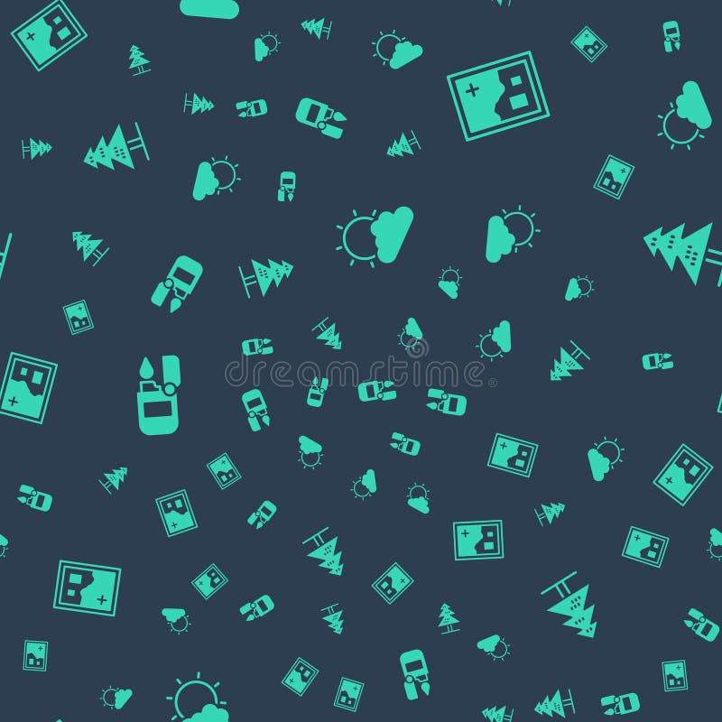 Set Sun and Cloud Weather, Folded Map, Lighter and Tree on Seamless ...