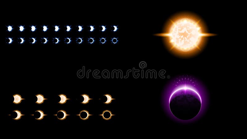 Set Sun Eclipse Collection Color Orange Fire Dark Background Vector ...
