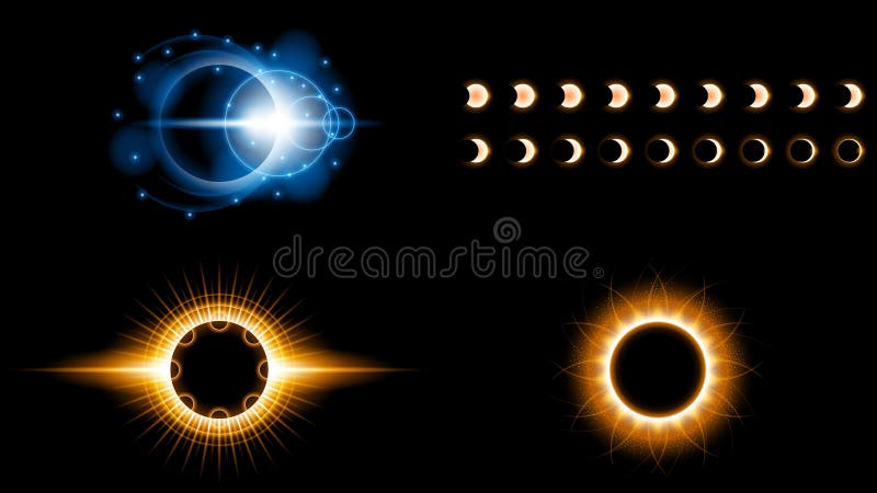 Set Sun Eclipse Collection Color Orange Fire Dark Background Vector ...