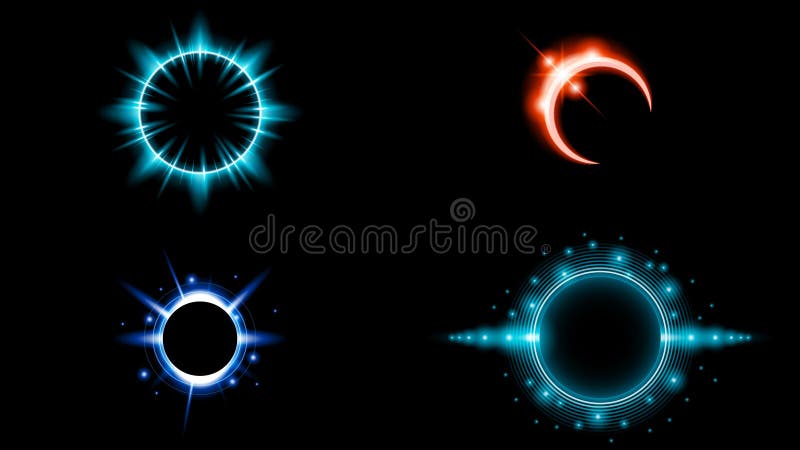 Set Sun Eclipse Collection Color Orange Fire Dark Background Vector ...