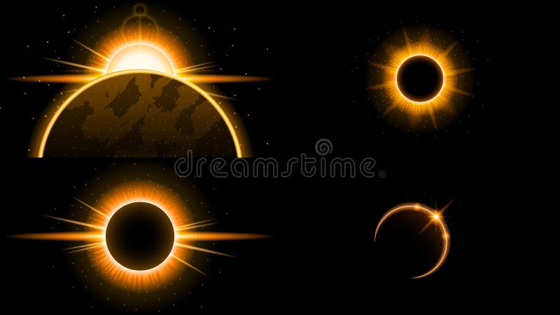 Set Sun Eclipse Collection Color Orange Fire Dark Background Vector ...