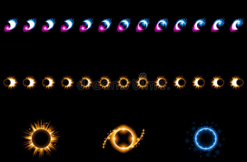 Set Sun Eclipse Collection Color Orange Fire Dark Background Vector ...