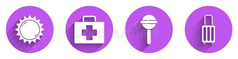 Set Sun, First Aid Kit, Lollipop and Suitcase Icon with Long Shadow ...
