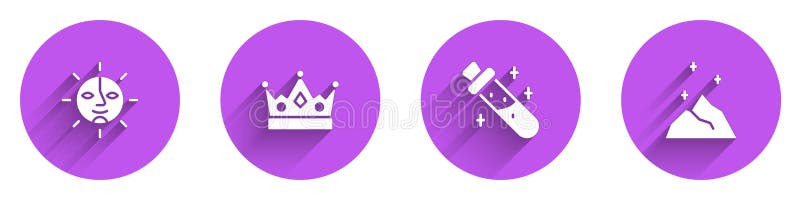 Set Sun, King Crown, Bottle with Potion and Magic Powder Icon with Long ...