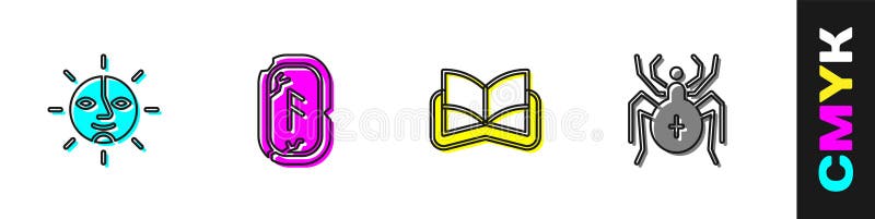 Set Sun, Magic Runes, Ancient Magic Book and Spider Icon. Vector Stock ...