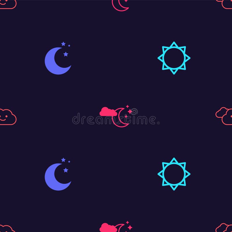 Set Sun, Moon and Stars, Cloud with Moon and on Seamless Pattern ...