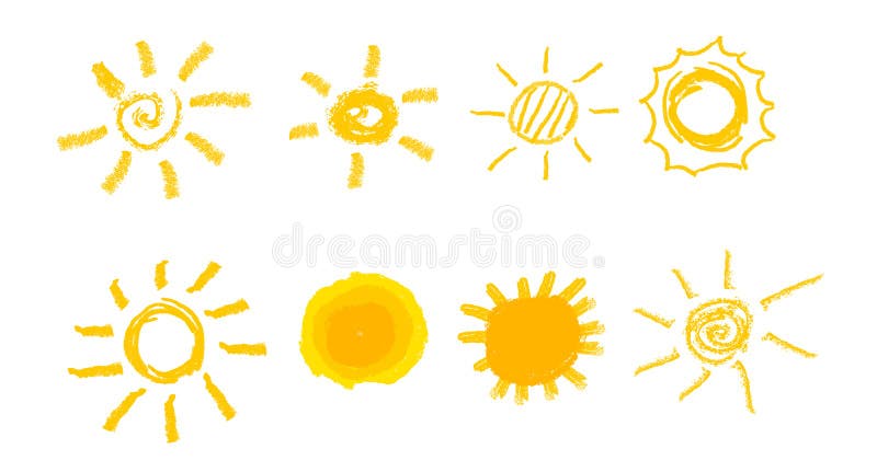 Set 8 Sun Simple Yellow Orange Vector Hand Draw Crayon Effect Stock ...