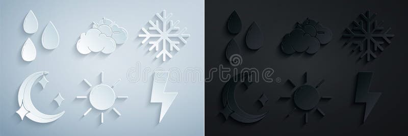 Set Sun, Snowflake, Moon and Stars, Lightning Bolt, Cloud Weather and ...