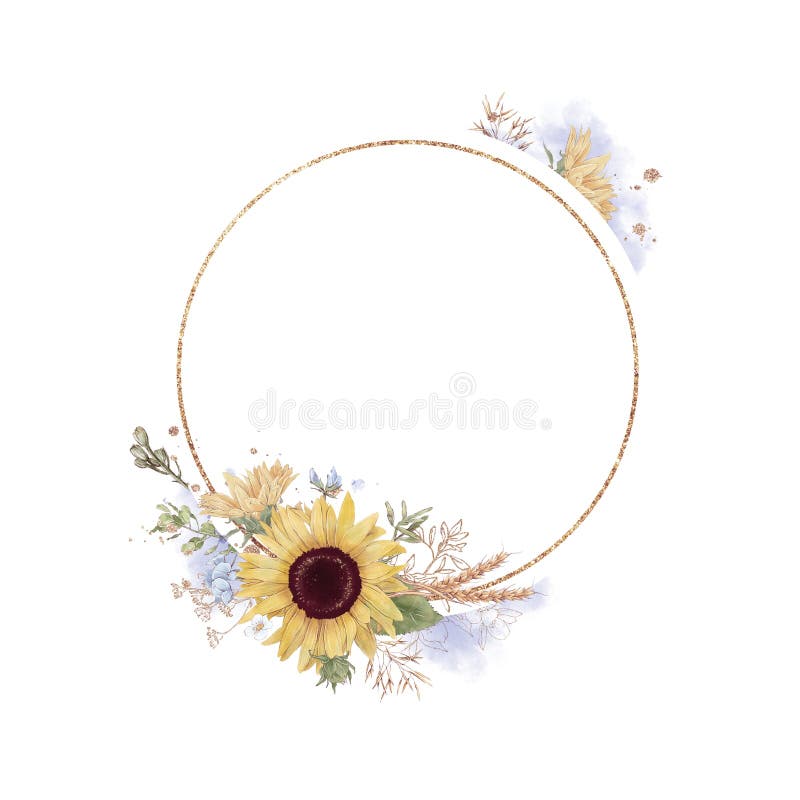 Set of Sunflower in a Gold Frame. Watercolor Illustration Stock ...