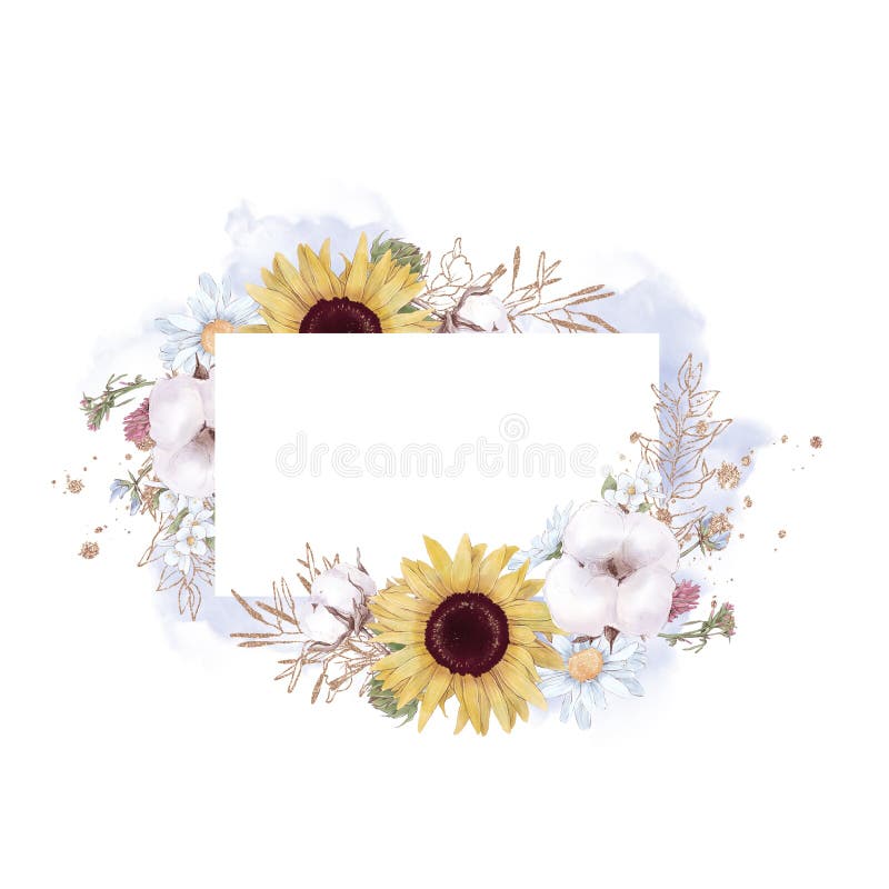 Set of Sunflower in a Gold Frame. Watercolor Illustration Stock ...