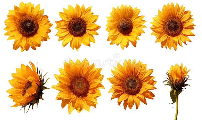 Set of Sunflowers Isolated on Transparent Background. Flat Lay, Top ...