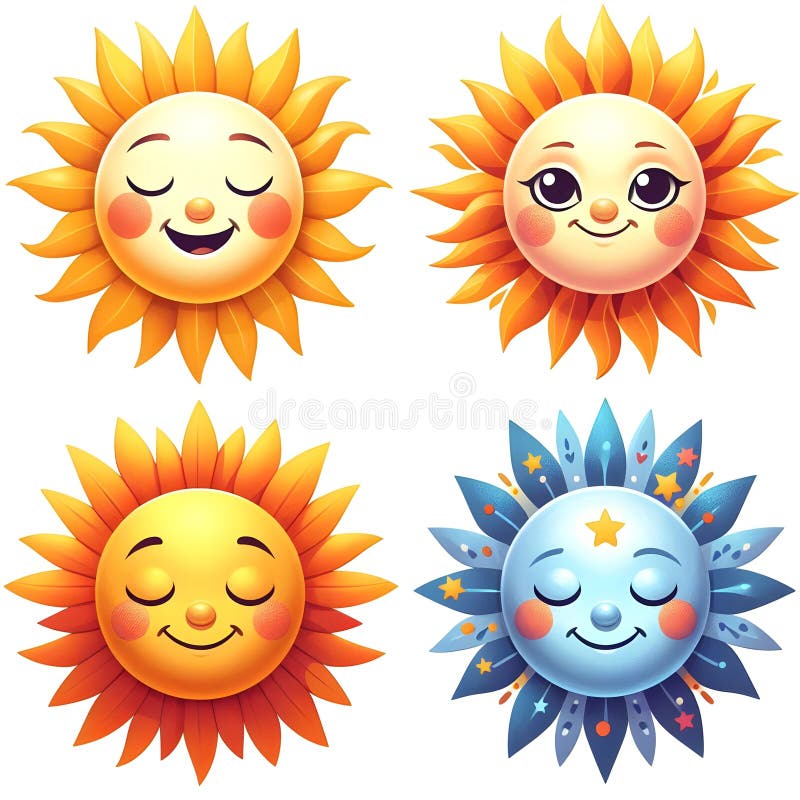 Set of 4 Suns with Different Colors in an Image, Isolated on White ...