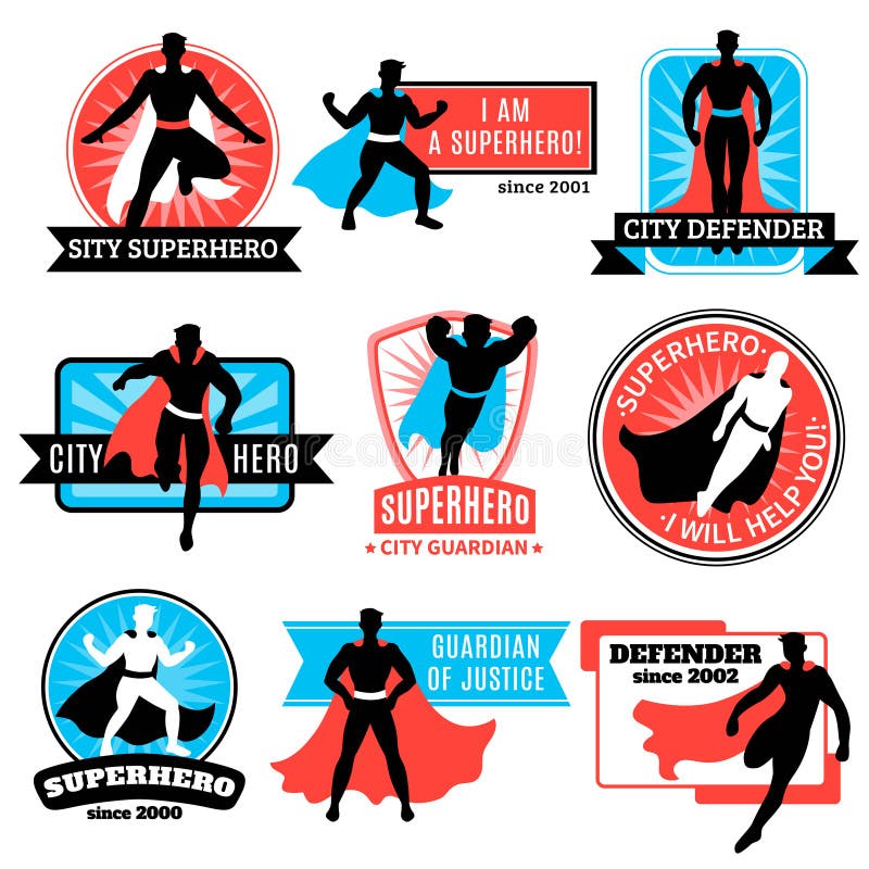 Set of Superhero Emblems and Stickers Stock Vector - Illustration of ...