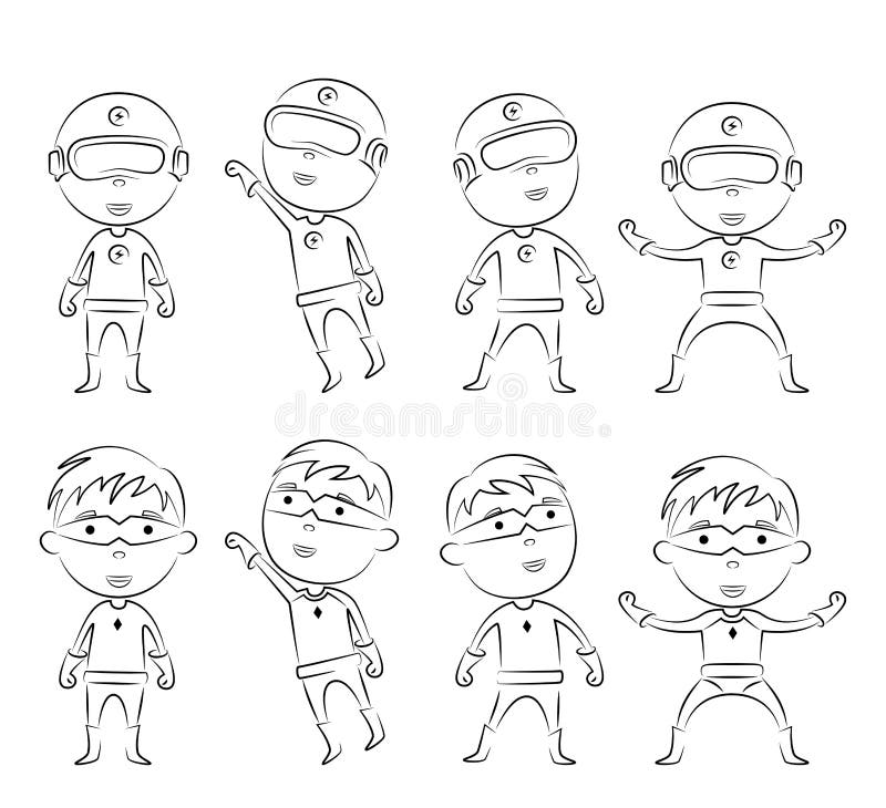 Set of Superheroes Cartoon Character Outline in Different Pose Stock ...