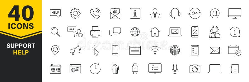 Set of 24 Support and Help Web Icons in Line Style. Assistance, Email ...