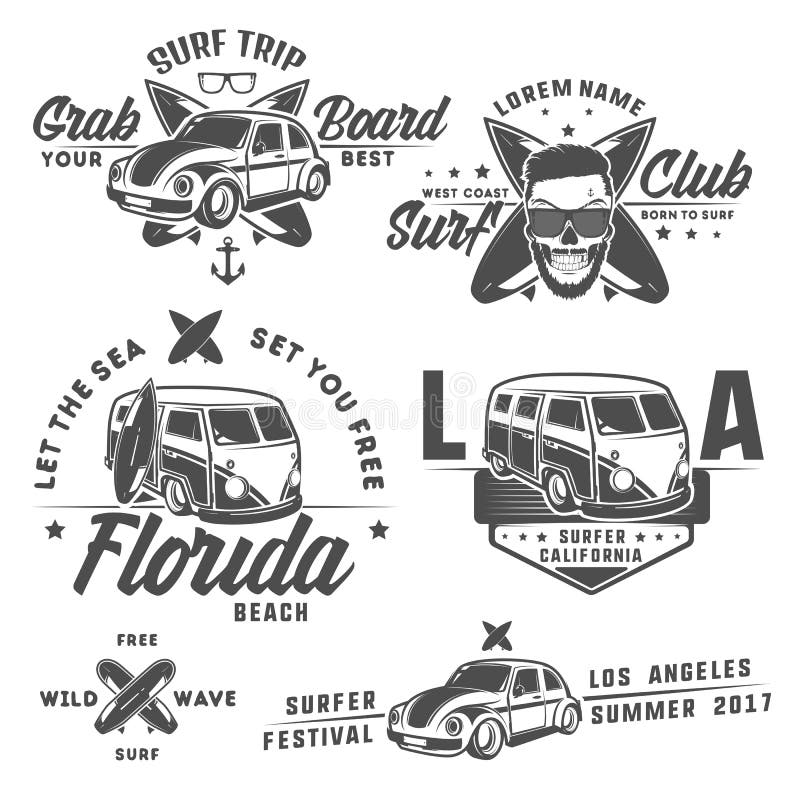 Set of Surf Car and Surfer Bus for Emblems ,logo and Prints. Stock ...