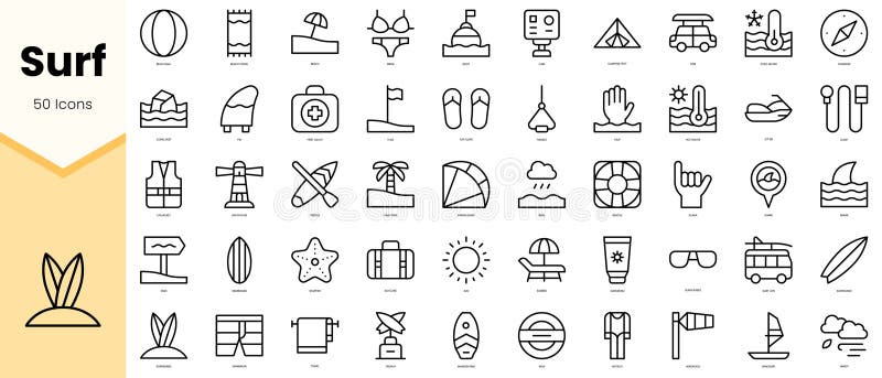 Set of Surf Icons. Simple Line Art Style Icons Pack Stock Vector - Illustration of travel ...