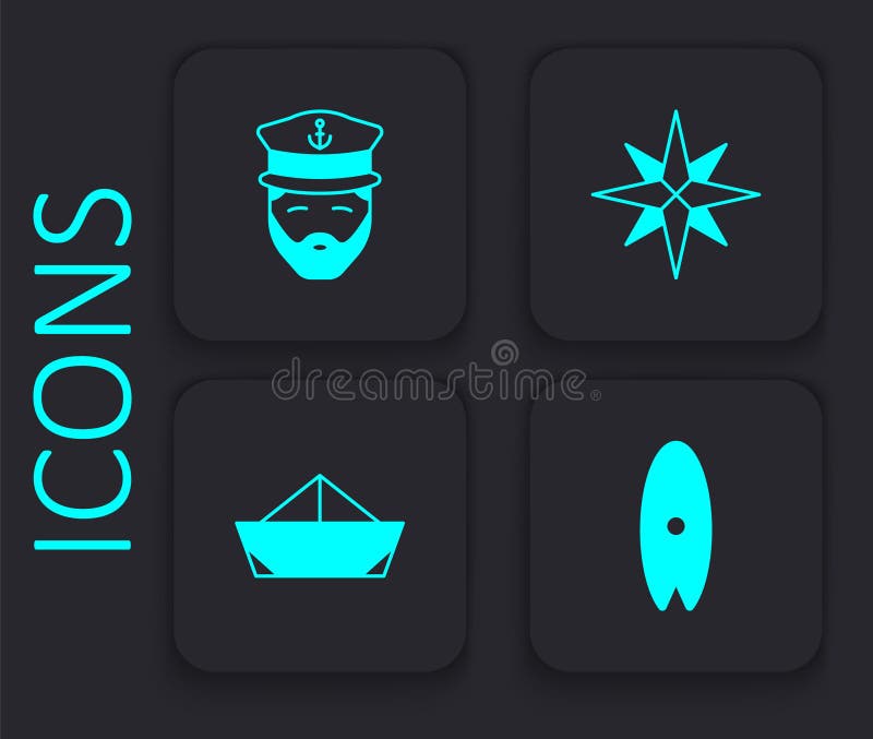 Set Surfboard, Captain of Ship, Wind Rose and Folded Paper Boat Icon ...