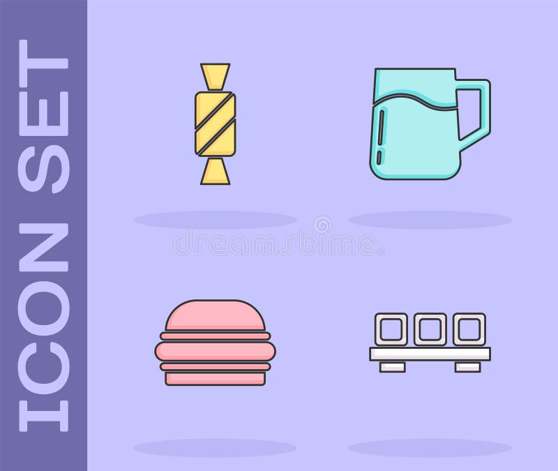 Set Sushi on Cutting Board, Candy, Burger and Wooden Beer Mug Icon ...