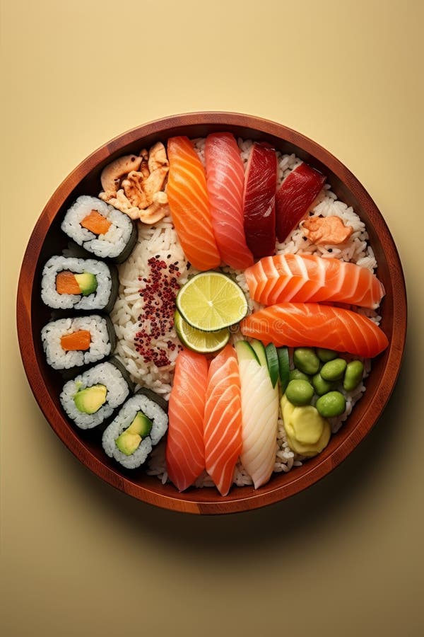 Set Sushi with Fresh Salmon, Rice, Lime on Plate, Olive Background ...