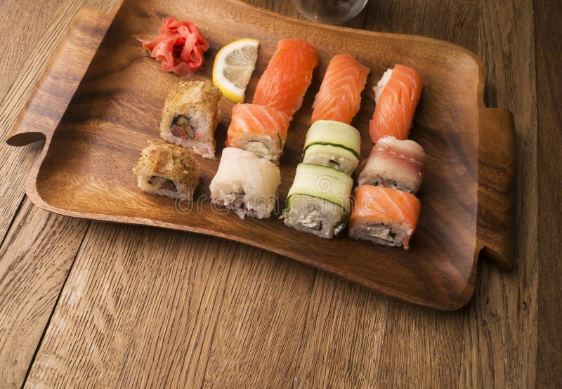 Set of Sushi and Maki Roll on Stone Table. Top View with Copy Space ...