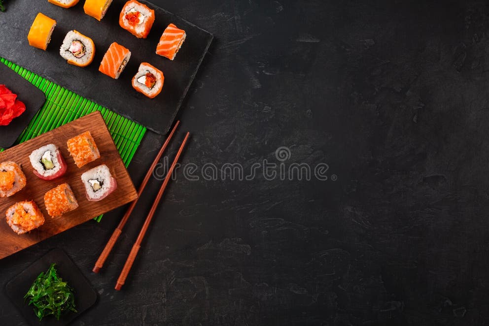 Set of Sushi and Maki on Stone Table. Top View with Copy Space Stock ...