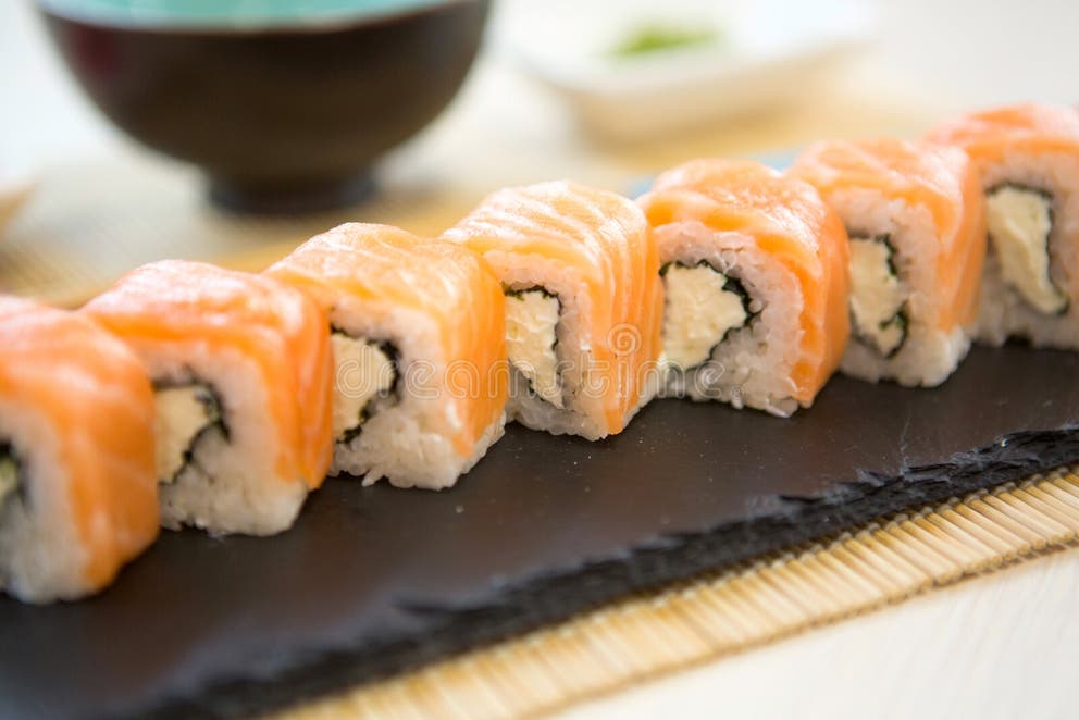 Set of Sushi and Maki on Stone Table. Top View with Copy Space Stock ...