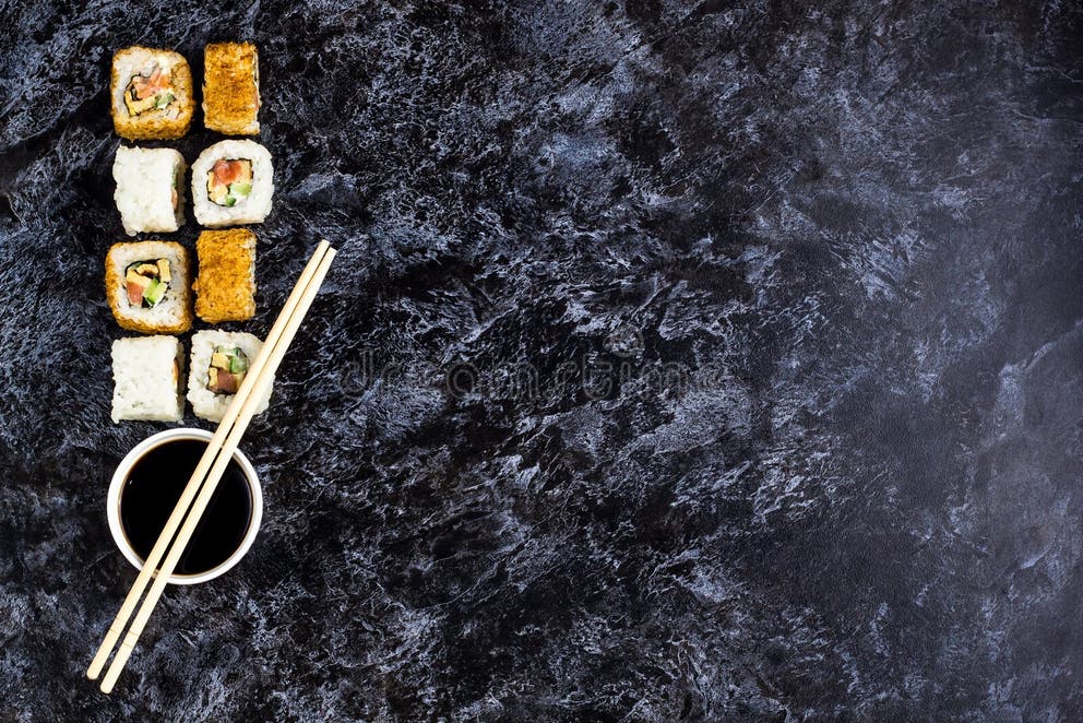 Set of Sushi and Maki on Stone Table. Top View with Copy Space Stock ...