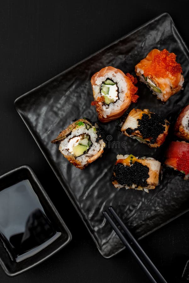 Set of Sushi Rolls on Stone Table. Top View with Copy Space. Stock ...