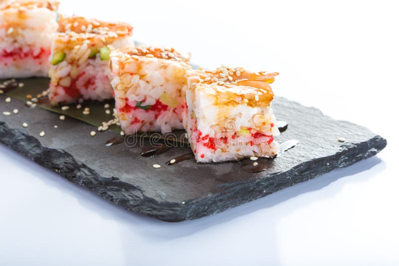 Set of Sushi on a Slate Square Plate. Stock Photo - Image of fish ...