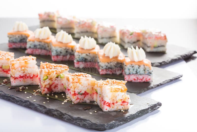 Set of Sushi on a Slate Square Plate. Stock Image - Image of gourmet ...