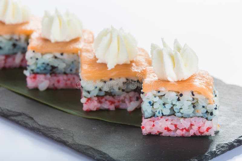 Set of Sushi on a Slate Square Plate. Stock Image - Image of japanese ...